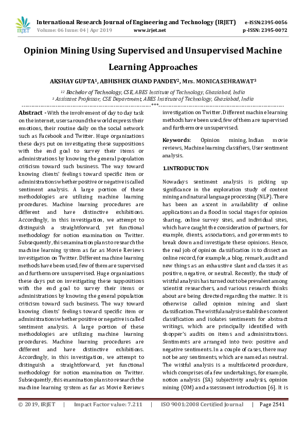 Pdf Opinion Mining Using Supervised And Unsupervised Machine Learning