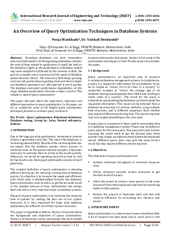 (PDF) IRJET-An Overview of Query Optimization Techniques in Database ...