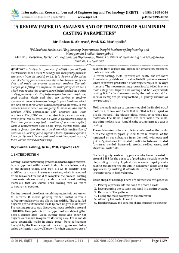 (PDF) IRJET- "A REVIEW PAPER ON ANALYSIS AND OPTIMIZATION OF ALUMINIUM CASTING PARAMETERS"