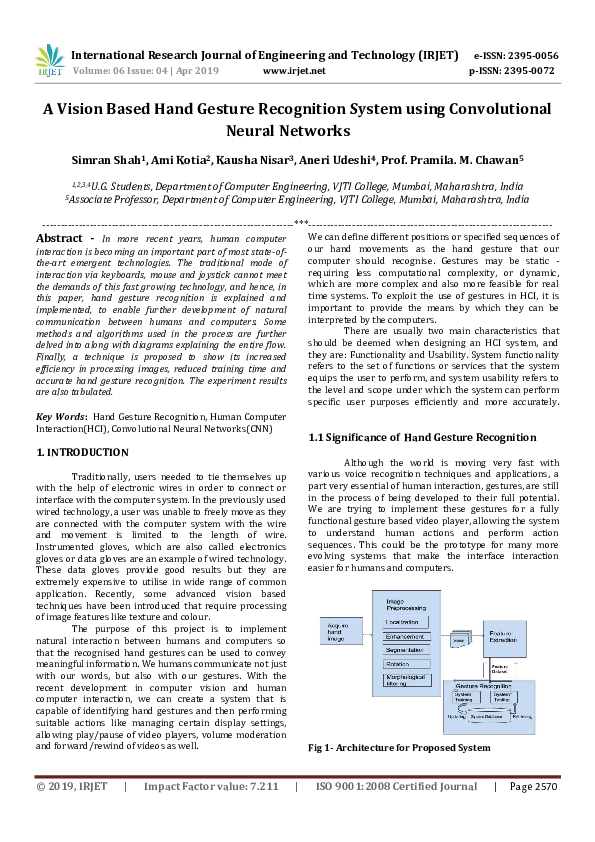 Pdf Irjet A Vision Based Hand Gesture Recognition System Using Convolutional Neural Networks