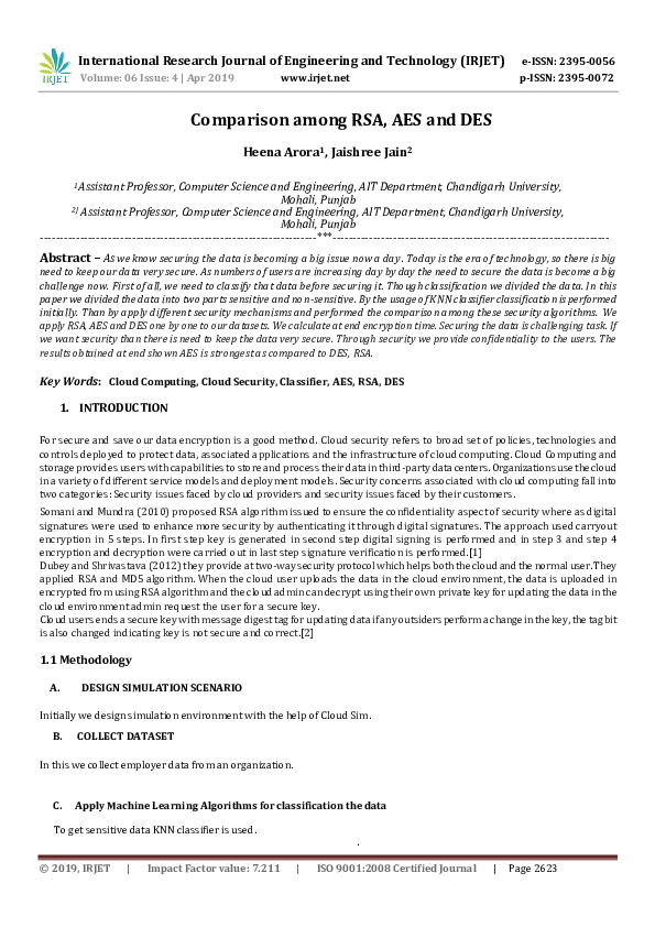 (PDF) Comparison among RSA, AES and DES