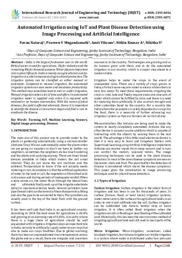 Pdf Irjet Automated Irrigation Using Iot And Plant Disease Detection Using Image Processing