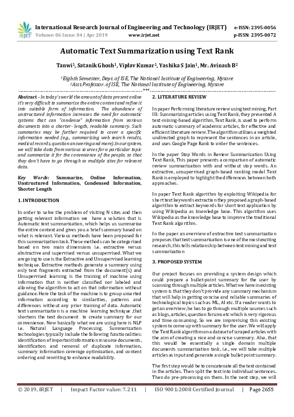 (PDF) IRJET- Automatic Text Summarization using Text Rank (PDF) IRJET- Automatic Text Summarization using Text Rank