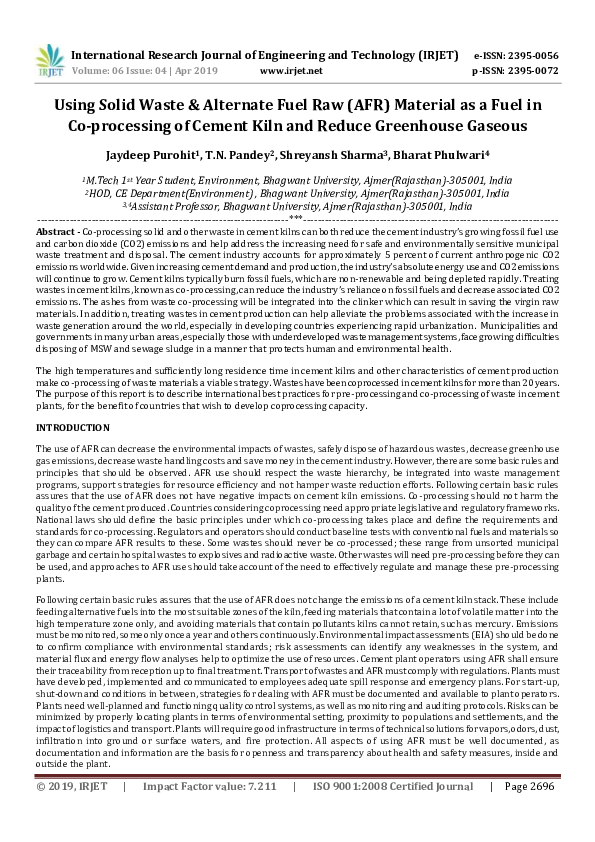 (PDF) IRJET- Using Solid Waste & Alternate Fuel Raw (AFR) Material as a ...