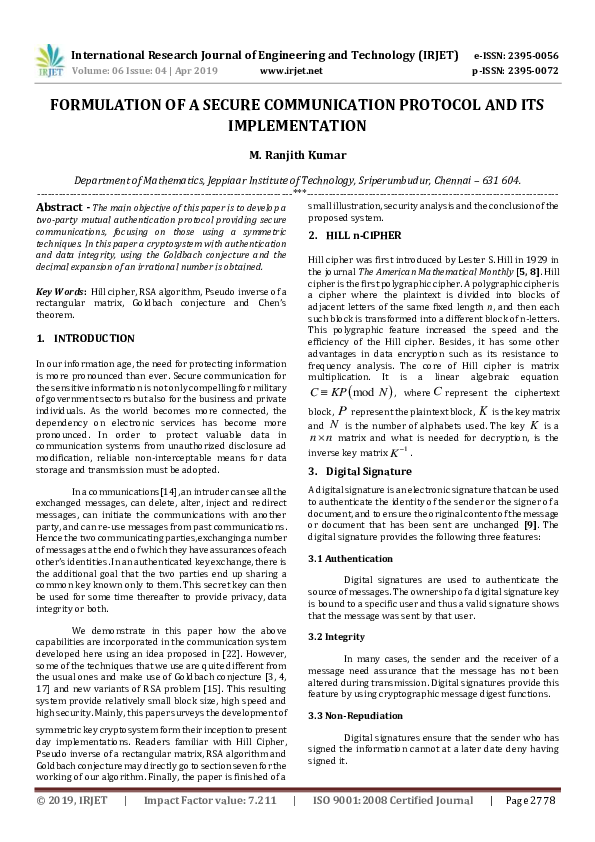 Pdf Formulation Of A Secure Communication Protocol And Its Implementation