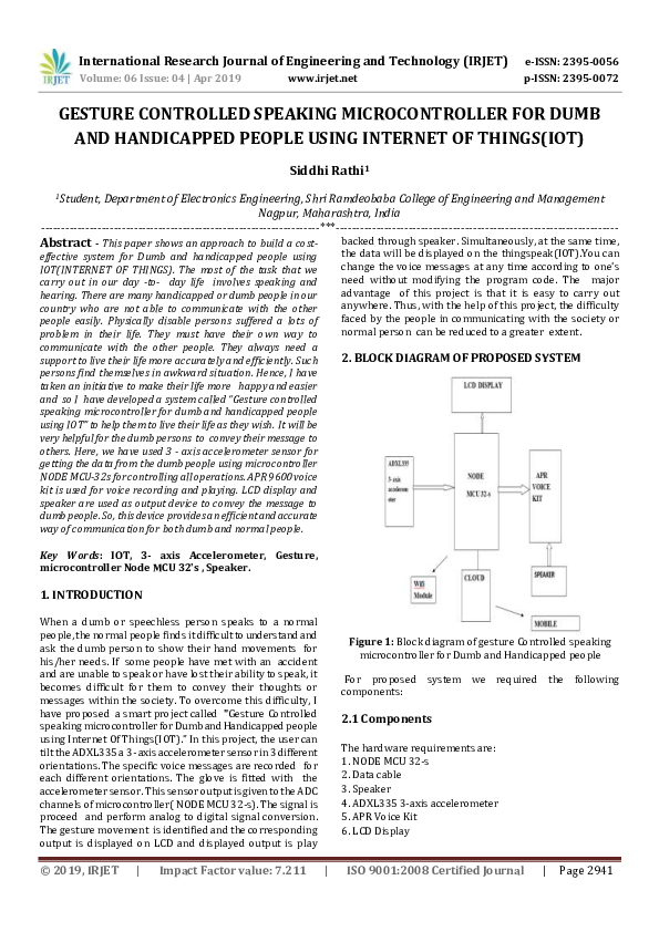 (PDF) GESTURE CONTROLLED SPEAKING MICROCONTROLLER FOR DUMB AND HANDICAPPED PEOPLE USING INTERNET ...