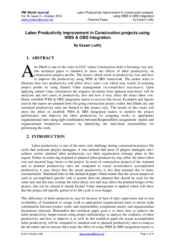 (PDF) using WBS & OBS Integration Labor Productivity improvement in ...