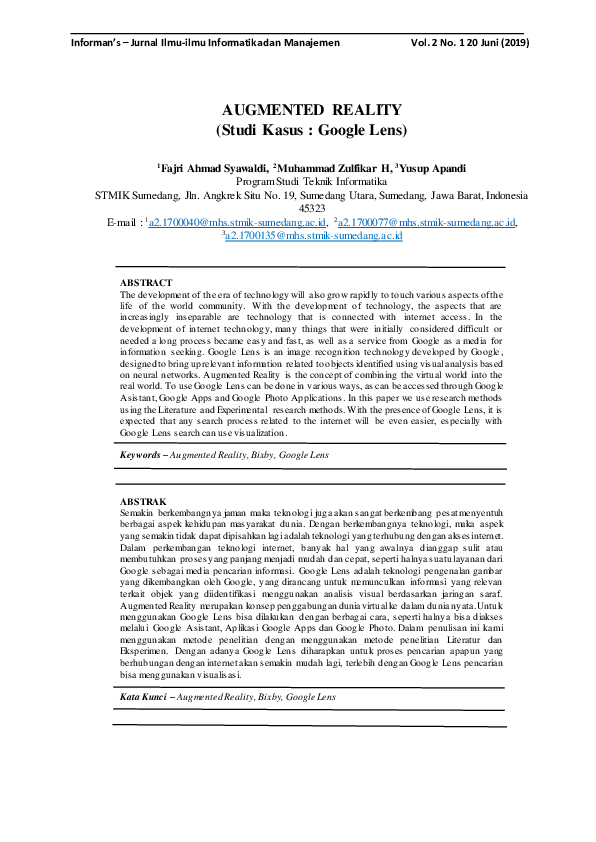 (PDF) AUGMENTED REALITY (Studi Kasus : Google Lens