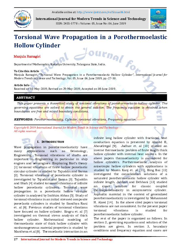 (PDF) Torsional Wave Propagation in a Porothermoelastic Hollow Cylinder