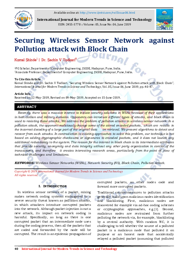 Pdf Securing Wireless Sensor Network Against Pollution Attack With Block Chain 