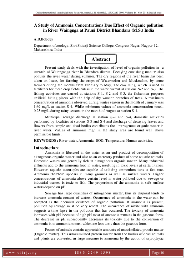 (PDF) A Study of Ammonia Concentrations Due Effect of Organic pollution ...