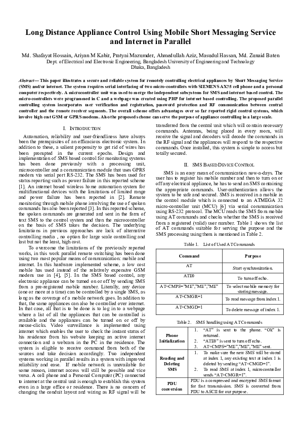 (PDF) Long distance appliance control using mobile Short Messaging Service and internet in parallel
