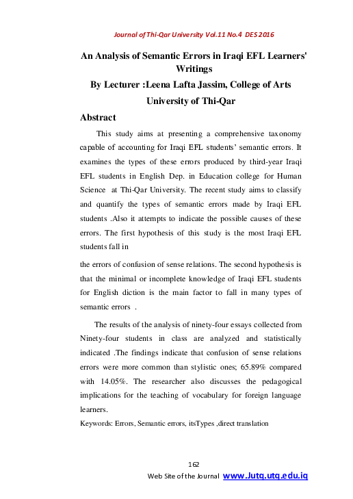 (PDF) An Analysis of Semantic Errors in Iraqi EFL Learners' Writings