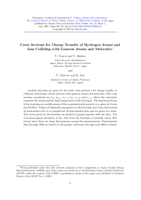 (PDF) Cross Sections for charge transfer of hydrogen atoms and ions ...