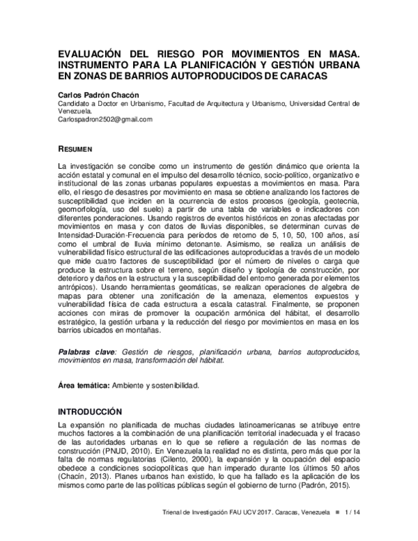(PDF) EVALUACIÓN DEL RIESGO POR MOVIMIENTOS EN MASA. INSTRUMENTO PARA LA PLANIFICACIÓN Y GESTIÓN ...