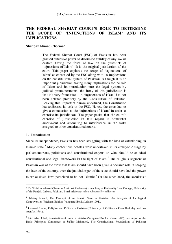 (PDF) THE FEDERAL SHARIAT COURT'S ROLE TO DETERMINE THE SCOPE OF ...