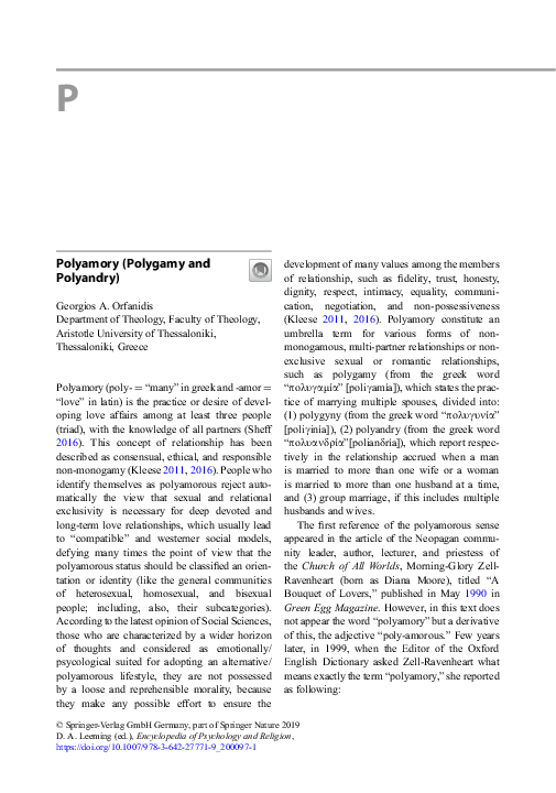 (PDF) "Polyamory (Polygamy and Polyandry)". In: Leeming, D.A. (ed.) Encyclopedia of Psychology ...
