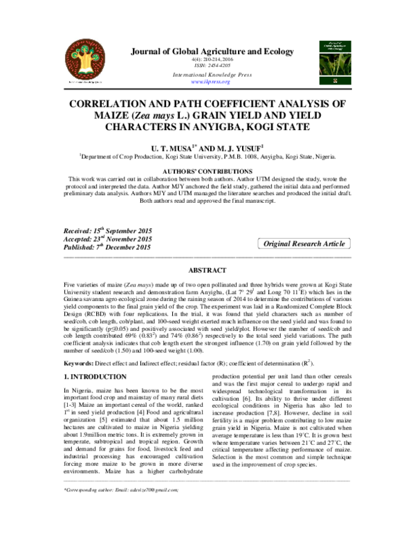 Pdf Correlation And Path Coefficient Analysis Of Maize Zea Mays L Grain Yield And Yield
