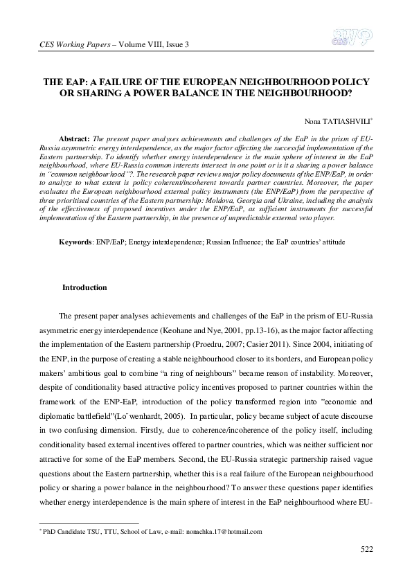 (PDF) THE EAP: A FAILURE OF THE EUROPEAN NEIGHBOURHOOD POLICY OR SHARING A POWER BALANCE IN THE ...