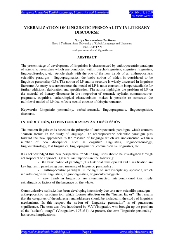 (PDF) VERBALIZATION OF LINGUISTIC PERSONALITY IN LITERARY DISCOURSE