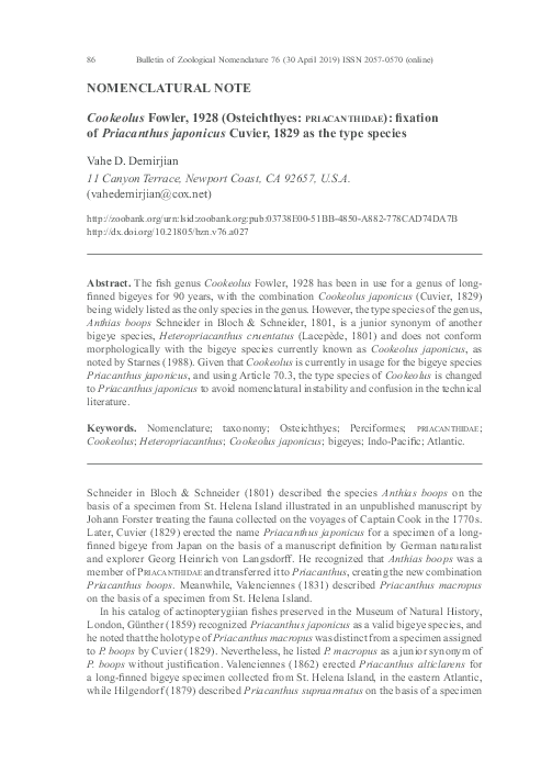 (PDF) Cookeolus Fowler, 1928 (Osteichthyes: priacanthidae): fixation of ...