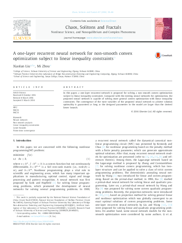 (PDF) A one layer recurrent neural network for non smooth convex optimization subject to linear ...
