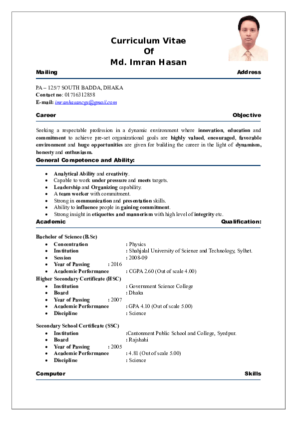 (DOC) Curriculum Vitae Of Md. Imran Hasan