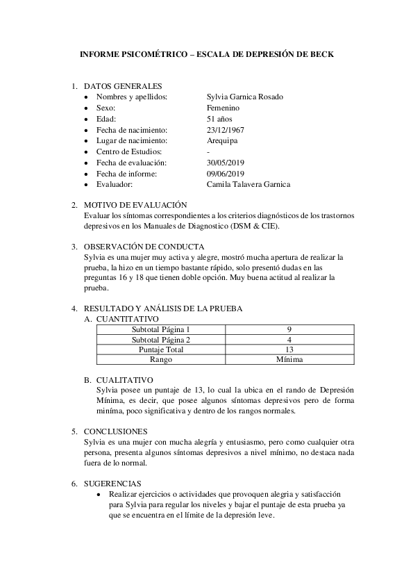 Doc Informe Psicométrico Escala De Depresión De Beck
