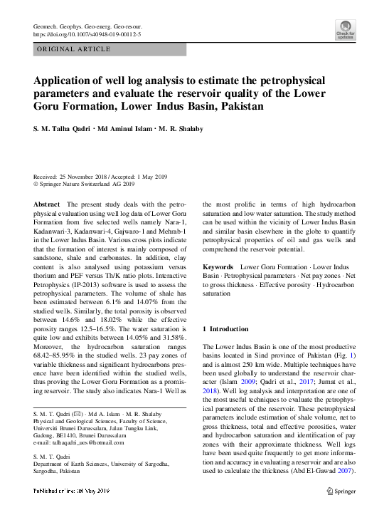 (PDF) Application of well log analysis to estimate the petrophysical parameters and evaluate the ...