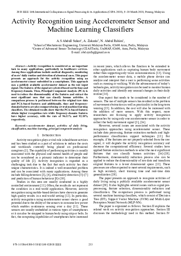 (PDF) Activity Recognition using Accelerometer Sensor and Machine Learning Classifiers