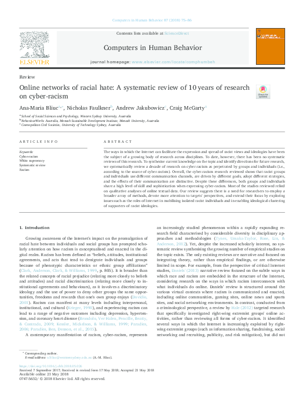 (PDF) Online networks of racial hate: A systematic review of 10 years ...