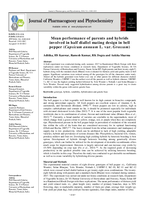 (PDF) Mean performance of parents and hybrids involved in half diallel ...