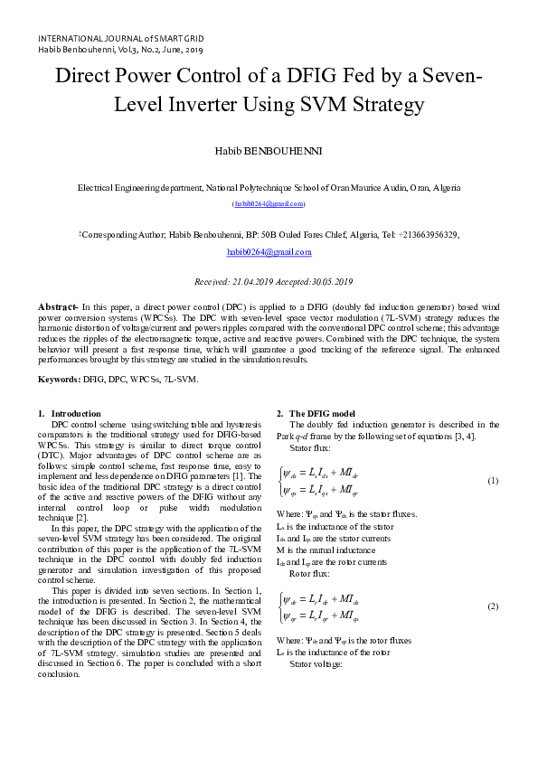 (PDF) Direct Power Control of a DFIG Fed by a Seven- Level Inverter Using SVM Strategy