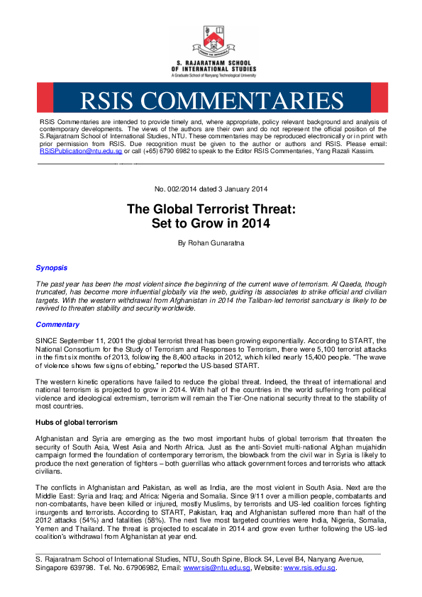 (PDF) The Global Terrorist Threat: Set to Grow in 2014