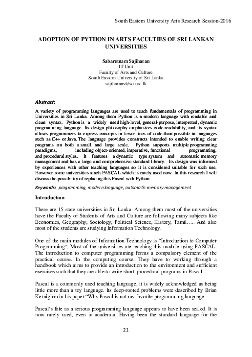(PDF) ADOPTION OF PYTHON IN ARTS FACULTIES OF SRI LANKAN UNIVERSITIES