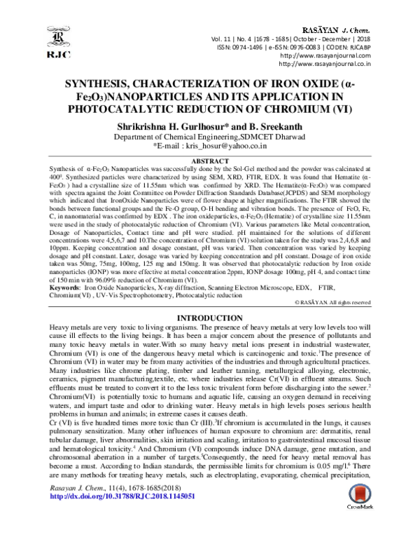 (PDF) SYNTHESIS, CHARACTERIZATION OF IRON OXIDE (α- Fe2O3)NANOPARTICLES AND ITS APPLICATION IN ...