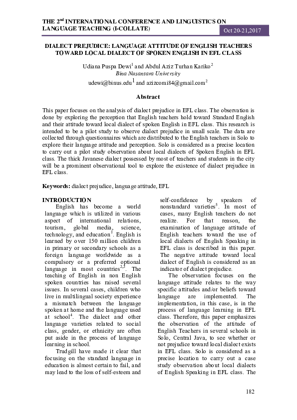 (PDF) DIALECT PREJUDICE: LANGUAGE ATTITUDE OF ENGLISH TEACHERS TOWARD ...