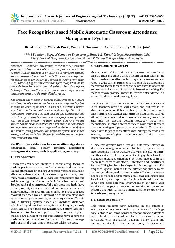 Pdf Irjet Face Recognition Based Mobile Automatic Classroom Attendance Management System