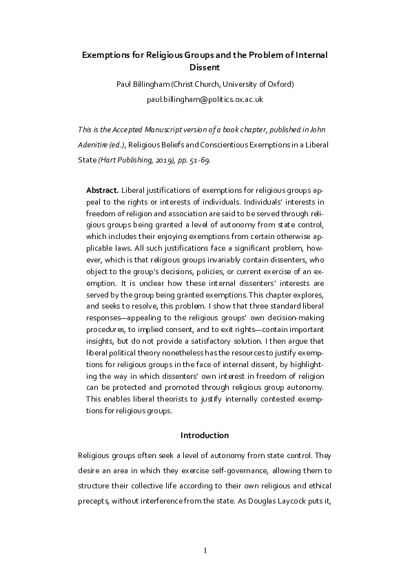 (DOC) Exemptions for Religious Groups and the Problem of Internal Dissent