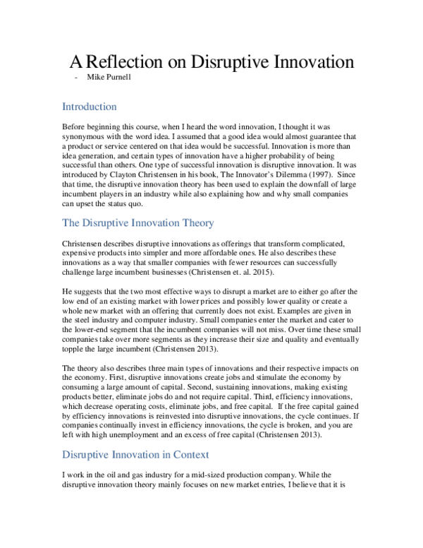 (PDF) A Reflection on Disruptive Innovation -Mike Purnell