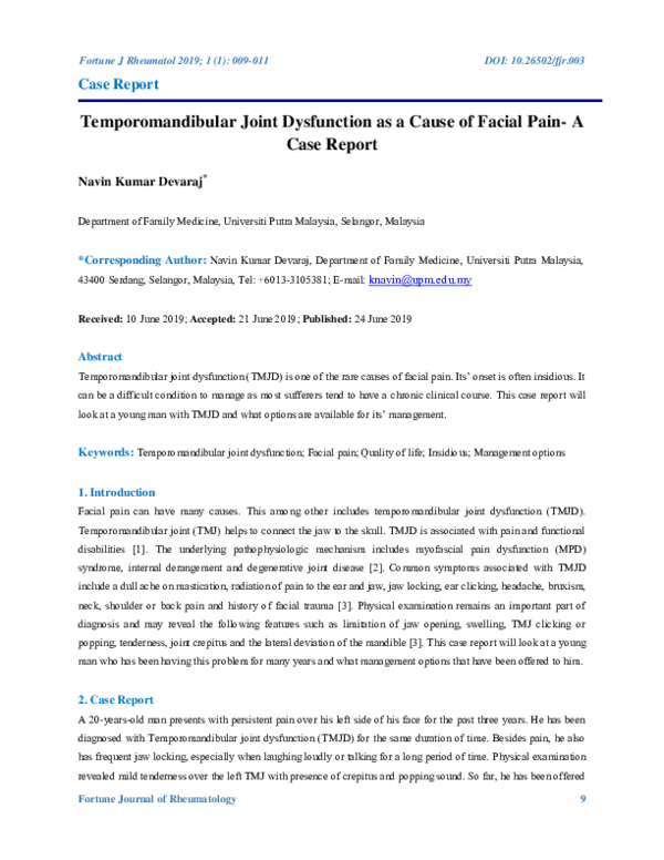 (PDF) Temporomandibular Joint Dysfunction as a Cause of Facial Pain-A ...