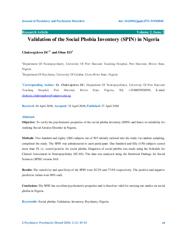(PDF) Validation of the social phobia inventory spin in nigeria
