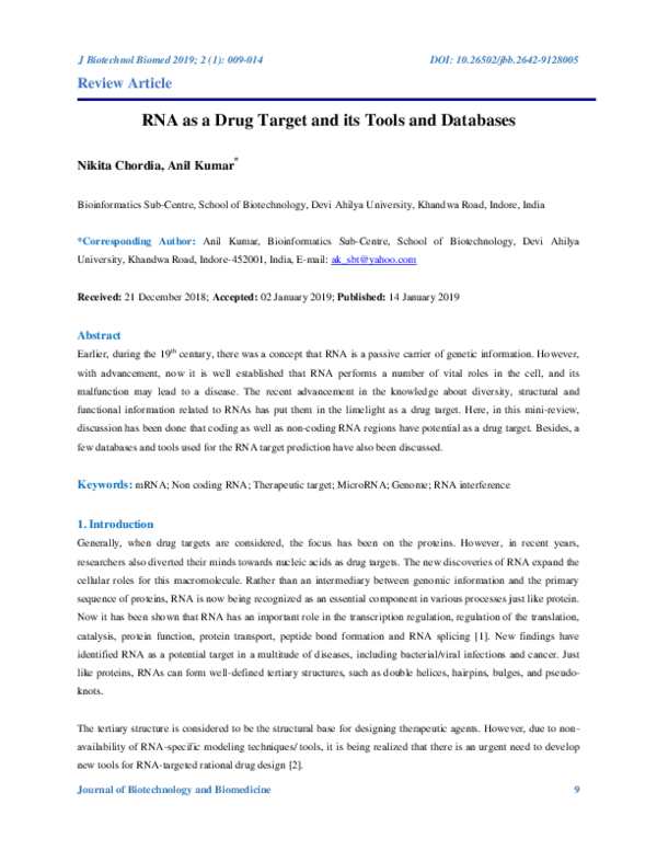 (PDF) Rna as a drug target and its tools and databases