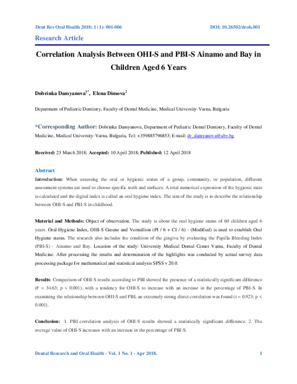 (PDF) Correlation analysis between ohis and pbis ainamo and bay in ...