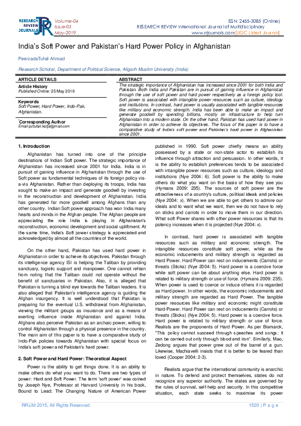 (PDF) India’s Soft Power and Pakistan’s Hard Power Policy in Afghanistan
