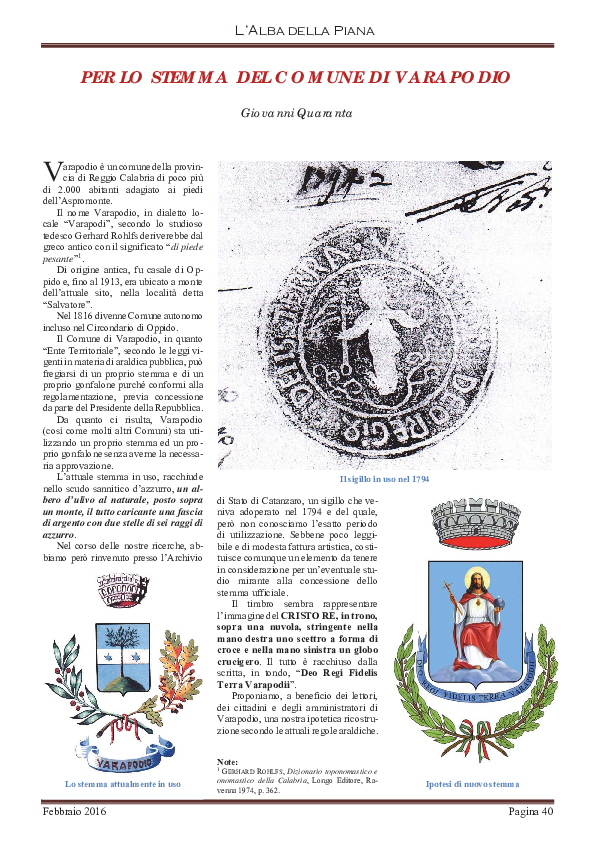 (PDF) PER LO STEMMA DEL COMUNE DI VARAPODIO