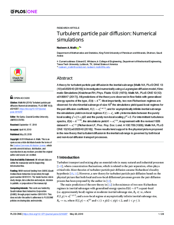 (PDF) Turbulent particle pair diffusion: Numerical simulations