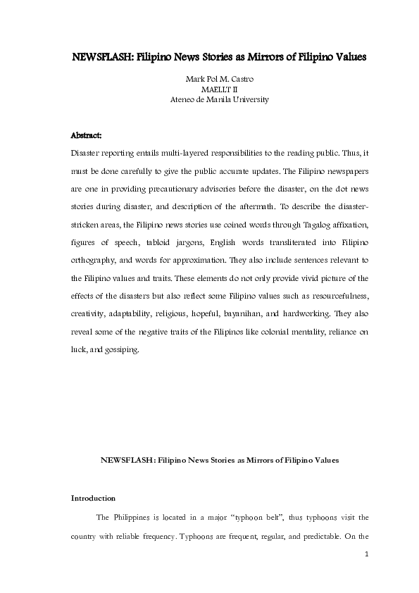 (DOC) NEWSFLASH: Filipino News Stories as Mirrors of Filipino Values