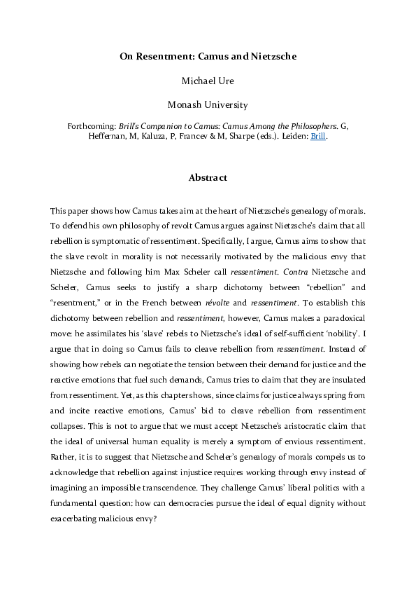 (PDF) On Resentment: Camus and Nietzsche