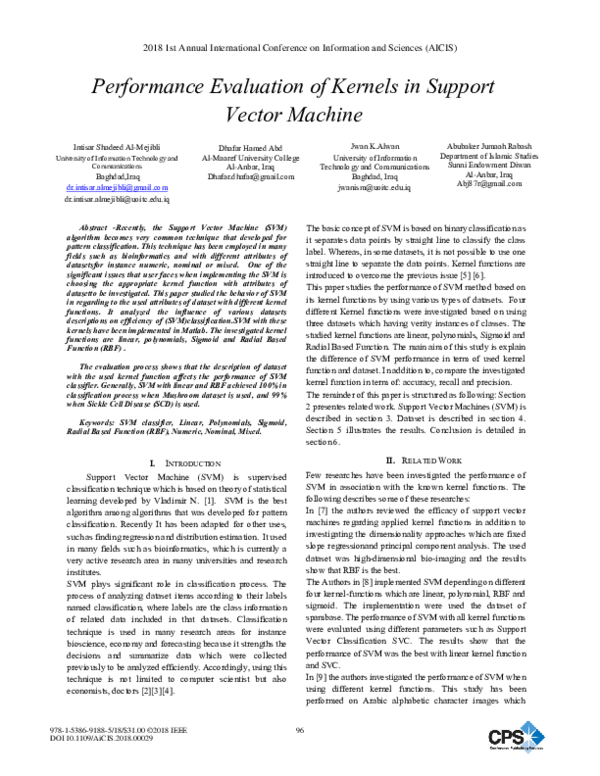 Pdf Performance Evaluation Of Kernels In Support Vector Machine 